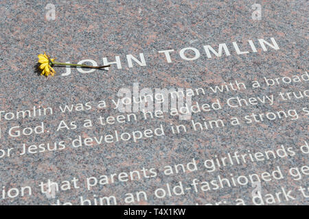 Marker for John Tomlin at the memorial for the victims of the Columbine ...