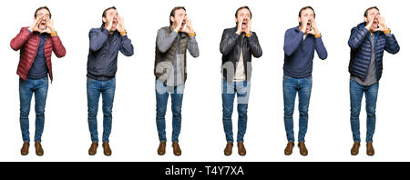 Collage of senior hoary man over white isolated backgroud looking to ...