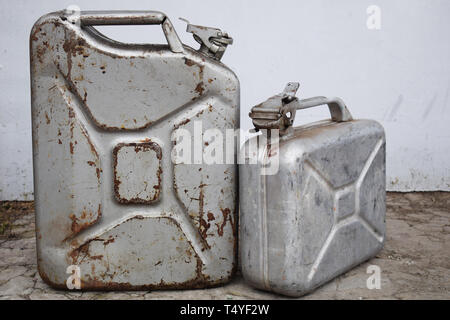 Three gray cans with gasoline petrol or diesel, metal barrel Stock ...