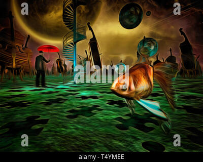 Fantasy Surreal scene. Man with red umbrella, light bulbs symbolizes ...