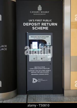 UK's first public Deposit Return Scheme machine, Canary Wharf, London ...