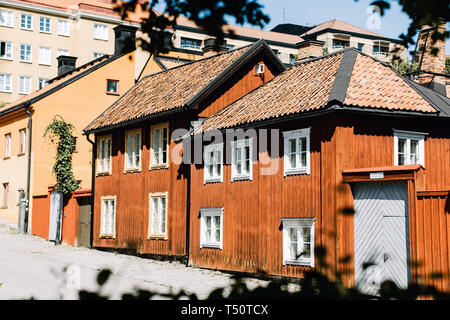 Traditional red and yellow Swedish houses in Mariefred, Sweden Stock ...