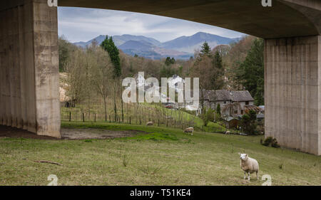 A66 Keswick bypass bridge framing the Lake District landscape Stock ...