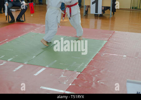 Karate referee with red and white flags Stock Photo - Alamy