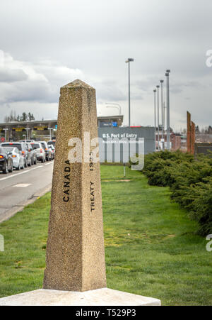 April 14, 2019 - Surrey, BC: BNRR Railway USA-Canada border sign and ...