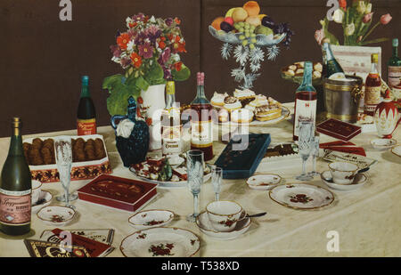 Soviet alcoholic drinks served with chocolate and fruits depicted in ...