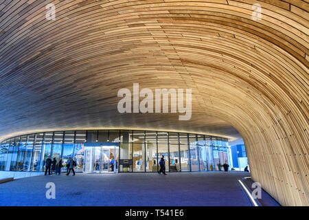 Exterior of the New Calgary Central Library. The exterior is a textured ...