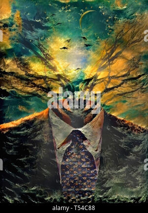 Surreal painting. Man in suit with empty head. Old tree with light bulb ...