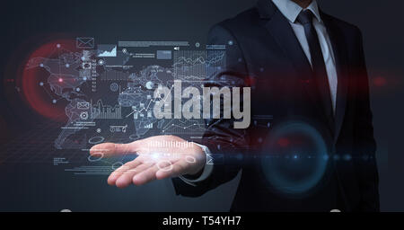 Communicational concept with businessman body and hand in background ...