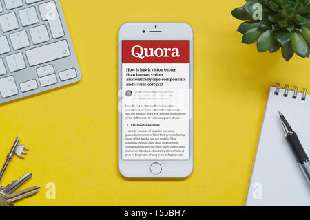 An iPhone showing the Quora website rests on a plain wooden table ...