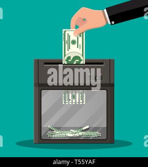Hand putting dollar banknote in shredder machine. Destruction ...