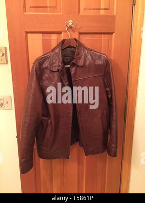 Vintage brown leather biker jacket, isolated on white background Stock ...