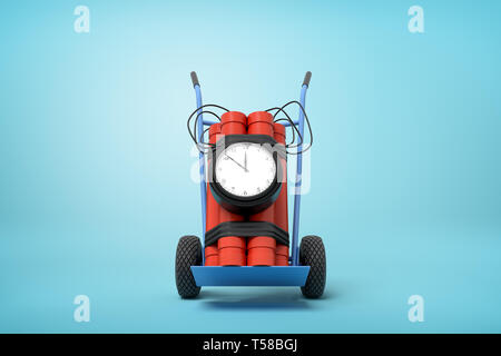 3d rendering of big dynamite bundle with time bomb on blue hand truck ...