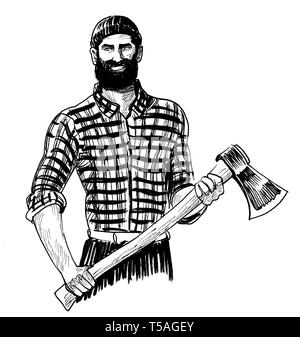 Strong Canadian logger with ax. Ink and watercolor illustration Stock ...