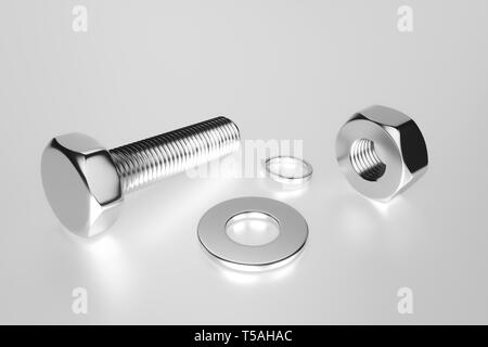 Bolts, nuts, washers, growers on a white background 3D rendering Stock ...