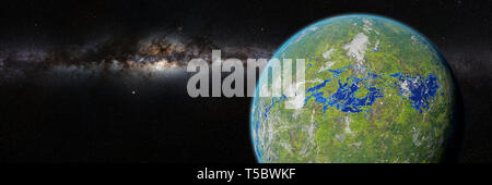 green alien planet, jungle exoplanet with surface water and plant life ...