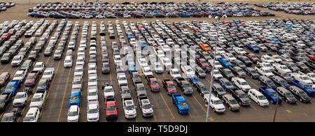 Detroit, Michigan - Trucks and cars built by Fiat Chrysler are loaded ...