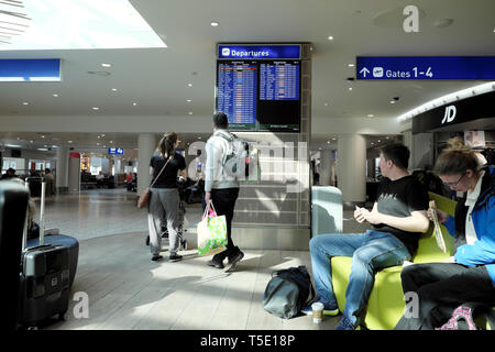 Bristol Airport, UK. Passengers board an Easyjet aircraft using an ...