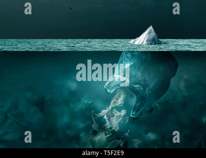 iceberg of garbage plastic floating in ocean with greenland background ...