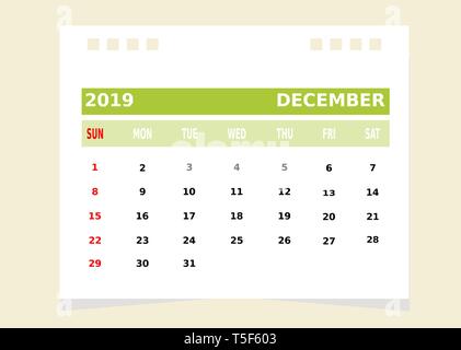December 2019 Calendar Leaf Template Vector Illustration Stock Vector ...