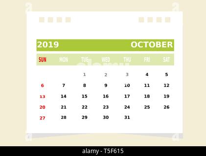 October 2019 Calendar Leaf Template Vector Illustration Stock Vector ...