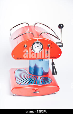 Red retro style coffee machine with latte glass close up Stock Photo ...