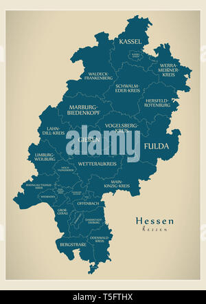 Modern Map - Hessen map of Germany with counties and labels black Stock ...