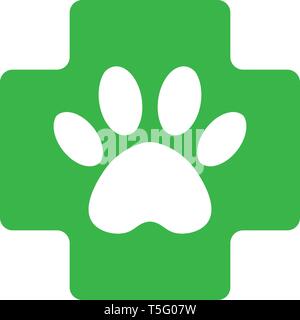 Pet vet sign with green cross with white paw, vector illustration Stock ...