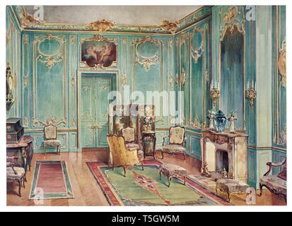 Large lounge Louis XV Style, front of the doors. Vintage illustration ...