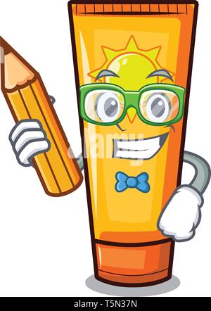 School student of lotion sunblock cartoon character with various ...