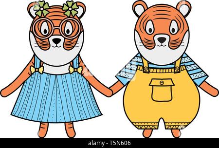 cute tigers couple childish characters vector illustration design Stock ...