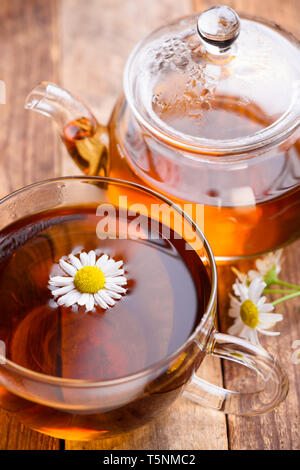 The chamomile tea in a glass cup on a wooden board Stock Photo - Alamy