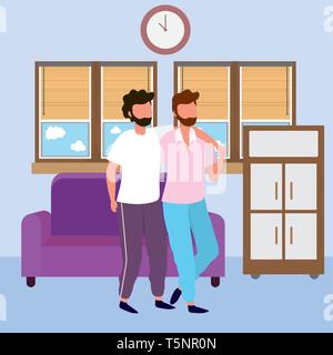 causal people men friends inside room with furniture elements cartoon ...