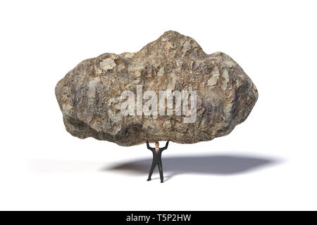 Strong businessman lifting up a huge heavy stone above his head as ...