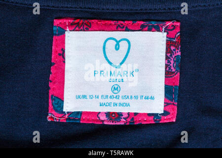 Primark cares - label in Primark clothing made in India Stock Photo - Alamy