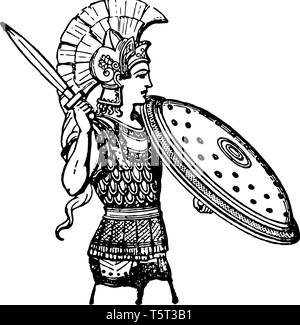 The armor of Greek soldiers, vintage line drawing or engraving ...