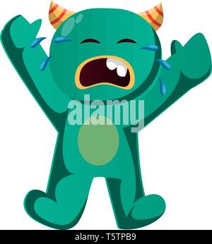 Cartoon green monster crying. Vector illustration of furry round ...