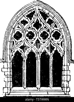 Gothic architecture tracery window engraving design for historical art ...