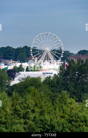 High view over treetops of showground under blue sky in summer ...