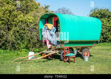 Gypsy travellers with horse drawn caravan on the A683 near Cautley ...