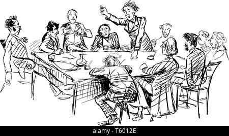 Group of men sitting around table, vintage line drawing or engraving ...