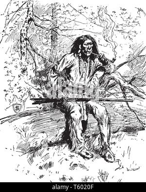 A warrior with gun from the Apache tribe, vintage line drawing or ...