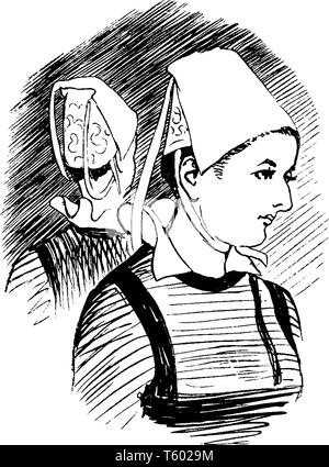 A woman wearing a bonnet, vintage line drawing or engraving ...