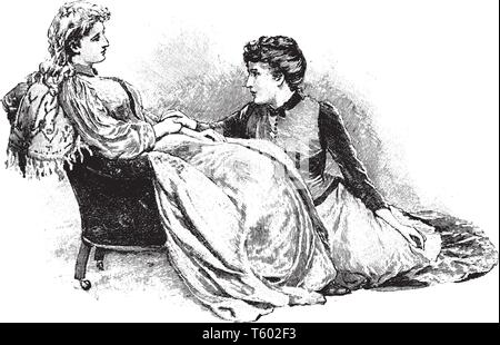 Two women talking, vintage line drawing or engraving illustration Stock ...