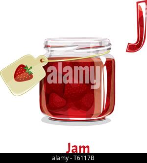 Colorful vector illustration of the letter J with a jar of jam. Fun ...
