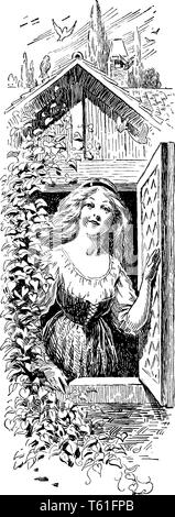 A woman looking out of window, vintage line drawing or engraving ...