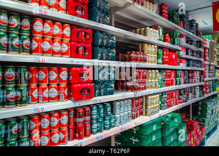 Valencia,Spain - April 27, 2019: Beer department at Auchan hypermarket ...