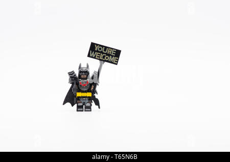 lego batman with batman battle ready holding you are welcome sign. Lego ...