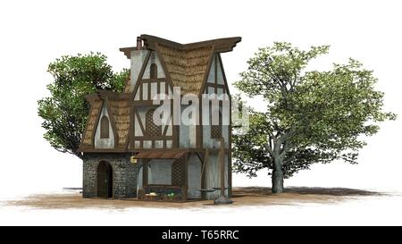 medieval Bakery Building between trees - isolated on white background ...