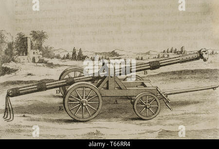 Wooden battering ram mounted on wheels, siege engine designed to break ...